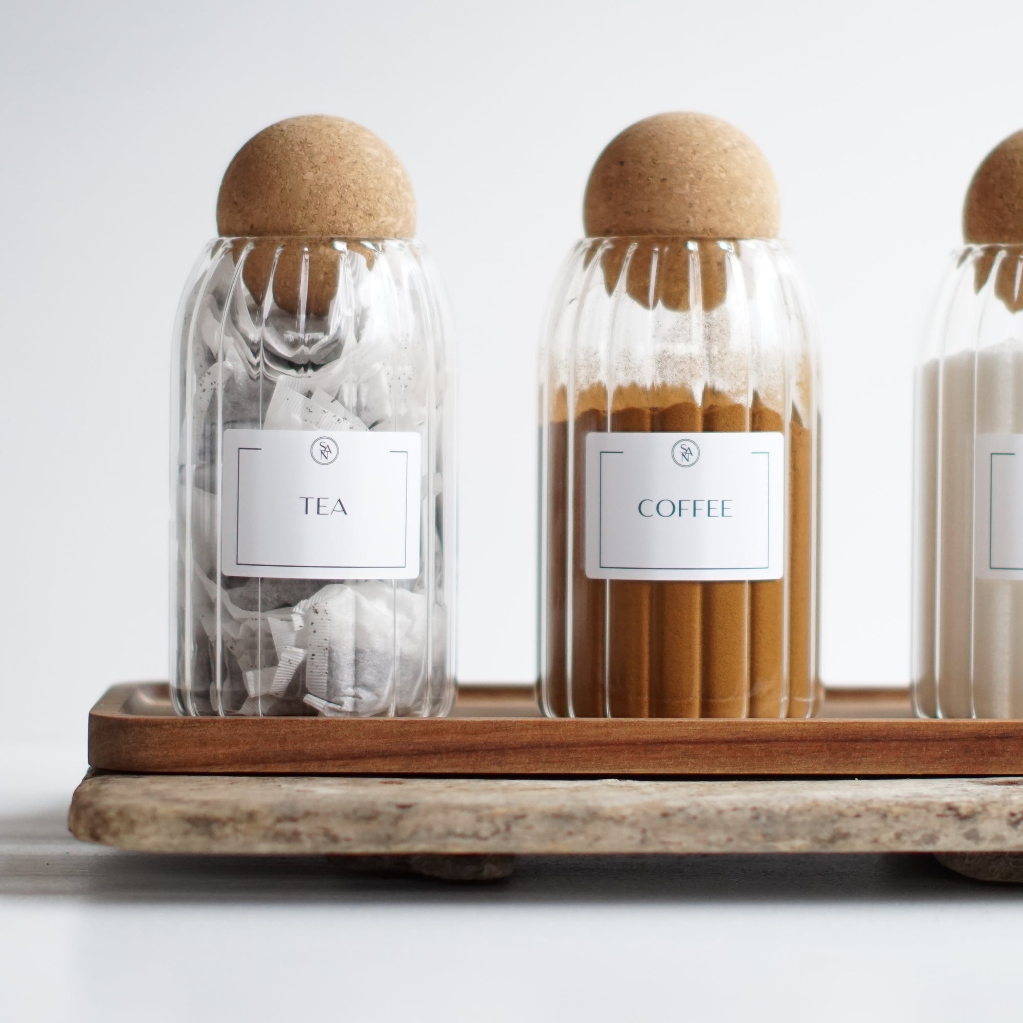 Reeded Tea, Coffee, Sugar Glass Jars with Cork Ball Lid – So At Nature