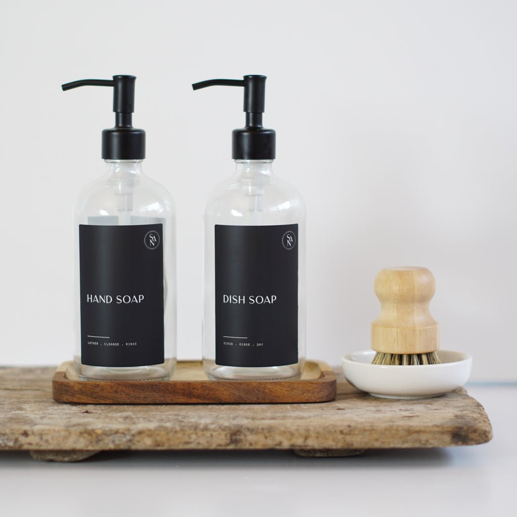 Glass Kitchen Soap Dispenser Set with Tray and Pot Brush – So At Nature