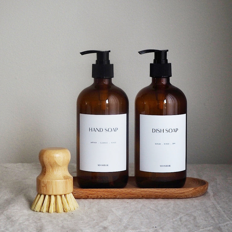 Amber Glass Kitchen Soap Dispenser Set with Wooden Tray & Dish Brush ...
